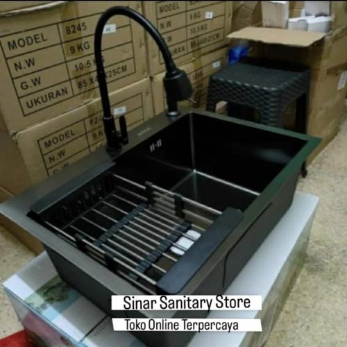 Promo Paket kitchen sink 5243 black kran tarik / Bak cuci piring hitam ...