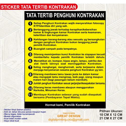 Jual STIKER TATA TERTIB PENGHUNI KONTRAKAN / ATURAN KONTRAKAN - 10 CM X ...