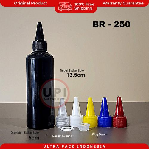 Promo BOTOL PET BR 250ML HITAM & TUTUP KERUCUT TINTA HITAM + PLUG ...
