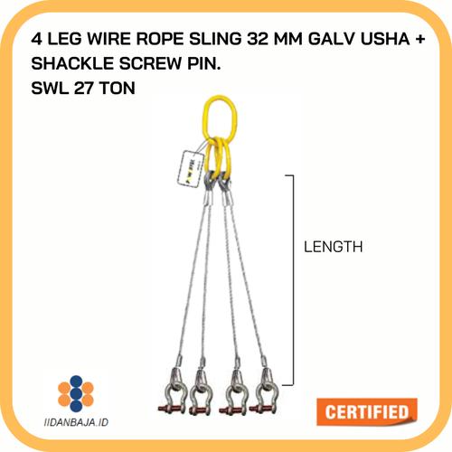 Jual 4 LEG WIRE ROPE SLING 32 MM GALV USHA + SHACKLE SCREW. SWL 27 TON ...