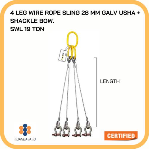 Jual 4 LEG WIRE ROPE SLING 28 MM GALV USHA + SHACKLE BOW. SWL 19 TON ...