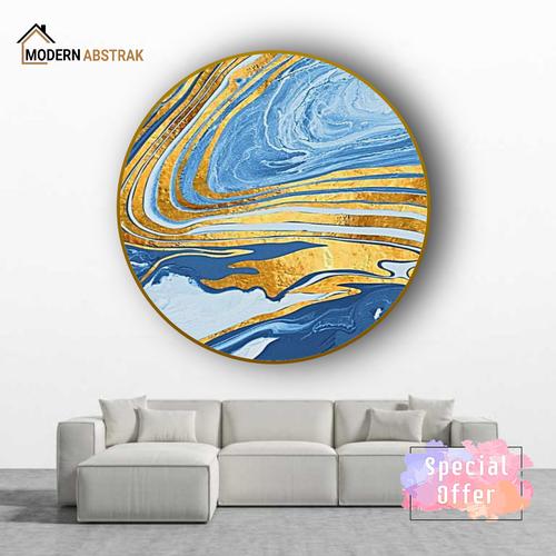 Jual Lukisan Abstrak Modern Circle Art Plus Frame Gold Blue Texture ...