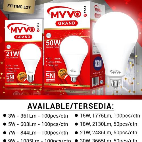 Jual MYVO GRAND LAMPU LED 3W 5W 7W 9W 12W 15W 18W 21W 30W 50 WATT PUTIH SNI - 3 WATT PUTIH ...