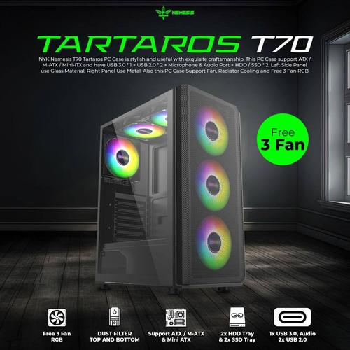 Jual PC CASE NYK NEMESIS T70 BLACK + 3 FAN RGB TARTAROS - Kota ...