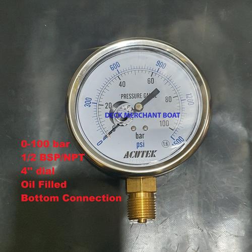 Jual Pressure Gauge 0 to 100 bar. 4" Drat : 1/2 BSP/NPT Bottom ...