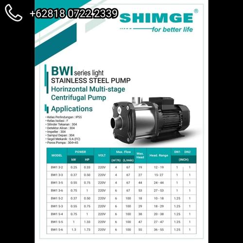 Jual POMPA AIR TRANSFER / CENTRIFUGAL STAINLESS BWI 5-6 SHIMGE 1.73Hp ...