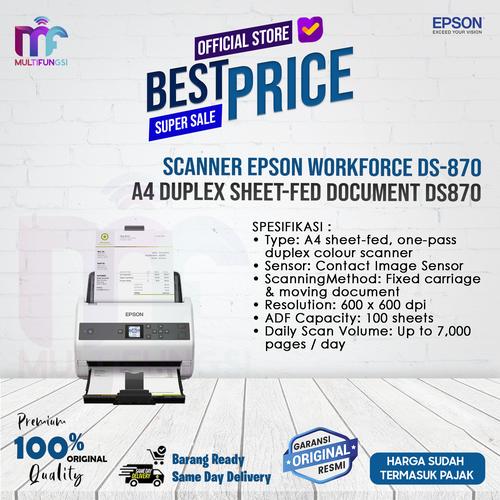 Promo Scanner Epson WorkForce DS-870 A4 Duplex Sheet-fed Document DS870 ...