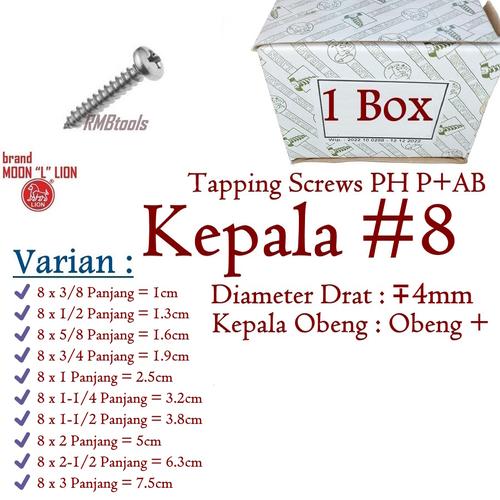 Jual 1Dus Sekrup Tapping Screw PH 8 Moon Lion Kayu Tembok Alumunium P ...