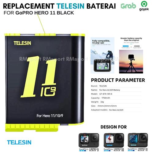 Promo Telesin Battery For GoPro Hero 11 10 9 Black 1750mAh Baterai Go ...
