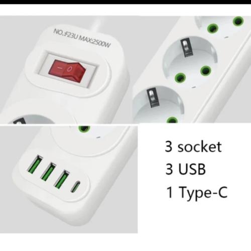 Jual power socket 7in1 3socket 3usb 1typeC 2500W colokan listrik 10A on ...