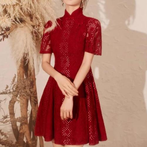 Jual Midi Dress Cheongsam Lace Maroon Red Qipao Oriental Shanghai CNY ...