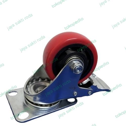 Jual Roda pu merah 3 inch medium duty putar+rem beban 110 kg/ roda ...