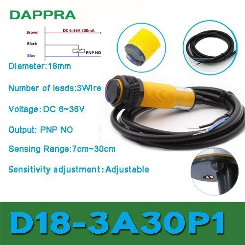 Jual PNP NO D18-3A30P1 M18 30CM DC6V ke 36V 3Wire Photoelectric Sensor ...