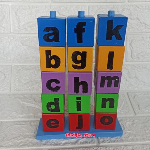 Jual Mainan Kayu Edukasi Menara Balok Susun Warna Huruf, Angka Dan ...
