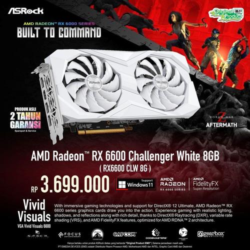 Promo ASROCK AMD RADEON RX 6600 CHALLENGER WHITE 8GB (RX6600 CLW 8G ...