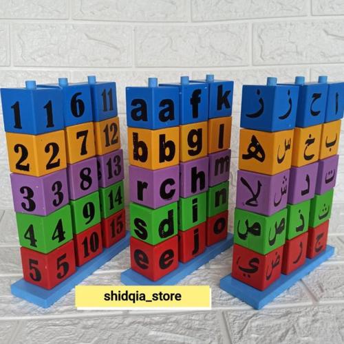 Jual Mainan Kayu Edukasi Menara Balok Susun Warna Huruf, Angka Dan ...
