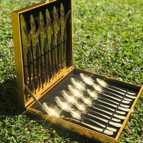 Jual full gold luxury cutlery set with black gift box 24 pcs sendok set ...