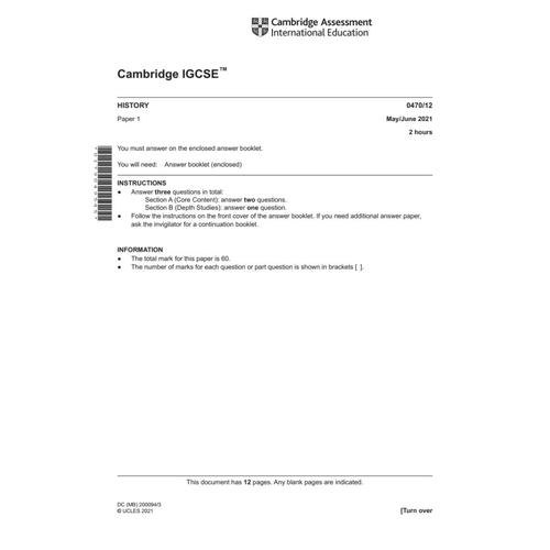 Jual IGCSE History 0470 May/June past papers and mark schemes 2012-2021 ...