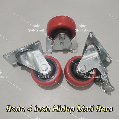 Jual roda troli 4 inch hidup rem mati / roda lori pvc merah - mati ...
