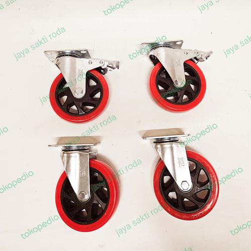 Jual Roda pu merah 5 inch 2putar+rem 2putar medium duty Xptool ...