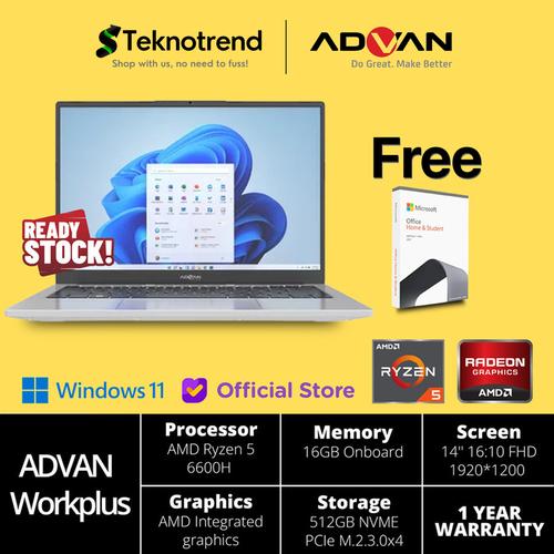 Promo ADVAN Laptop Workplus AMD RYZEN 5 6600H 16GB 512GB 14'' FHD Work ...