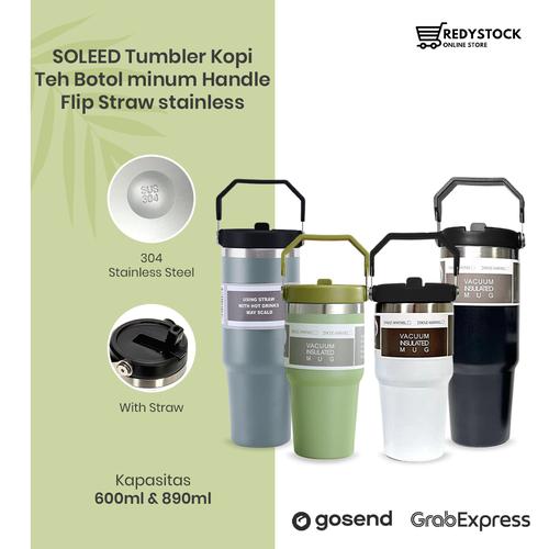 Jual SOLEED Tumbler Kopi Teh Botol minum Handle Flip Straw stainless ...