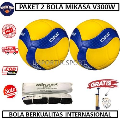 Promo 2 bola voli mikasa v300w & net voli mikasa gold - paket alat ...