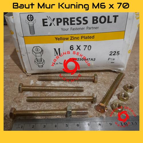 Jual (5 pcs) Baut Mur Kuning 6x70 / Baut Kuning M6 / BMK / Baut Hexagon ...