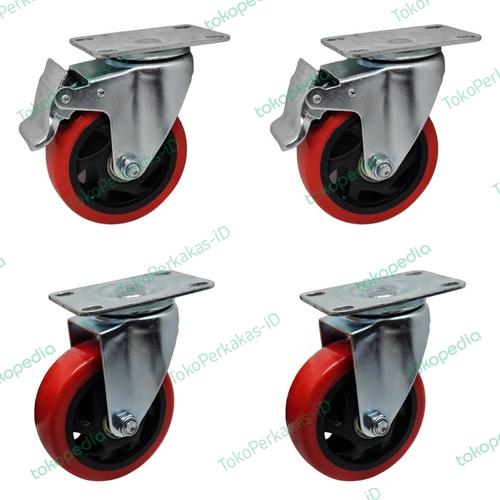 Jual Roda Troli / Troly / Trolley PU Merah 4 inch Medium Duty 2 Rem 2 ...