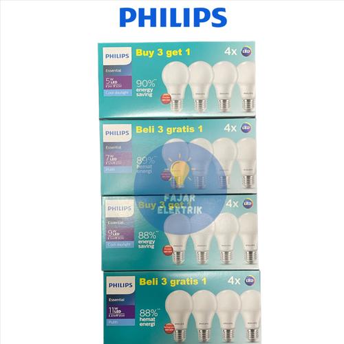 Jual LAMPU LED BLUB PHILIPS ESSENTIAL5 7 9 11 WATT PAKET 3 FREE 1 - 11 ...