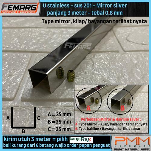 Jual U MIRROR 25x25x25mmx305cm T:0.8mm OMEGA LIST LIS U STAINLESS STEEL ...