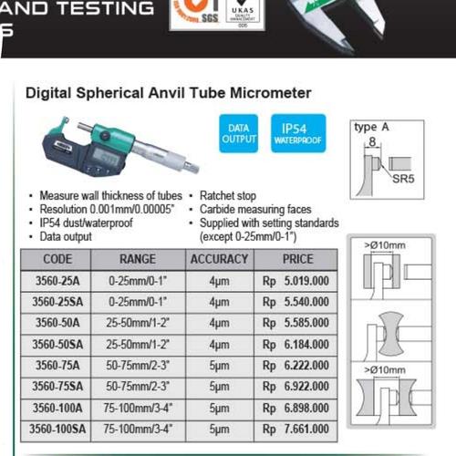 Jual Digital spherical anvil tube micrometer Insize 3560-75SA range 50 ...