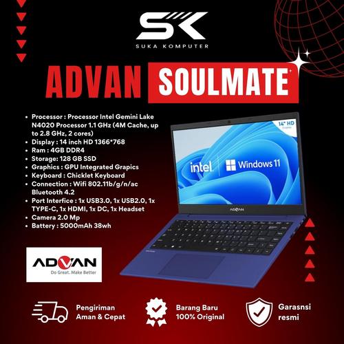 Jual ADVAN SOULMATE Intel Celeron N4020/4GB DDR4 (Free slot ram)/128GB ...