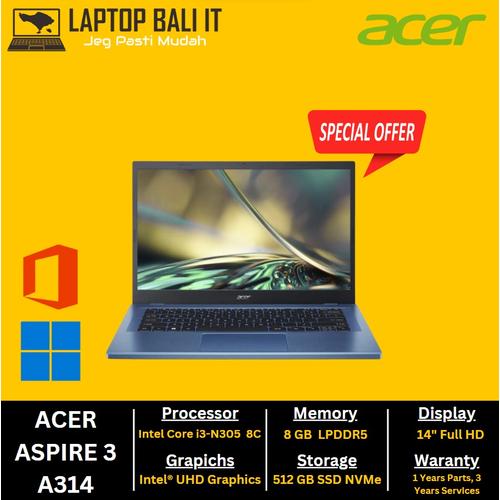 Jual LAPTOP OFFICE ACER 3 A314 Core i3 N305 8GB 512GB FHD W11 & OHS BLUE - TANPA TAS - Kota ...