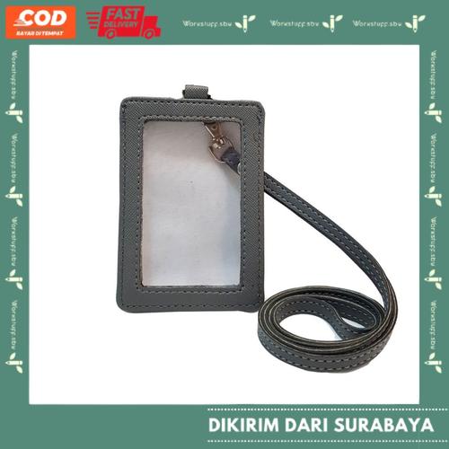 Jual Holder Name Tag Mika Abu Abu ID Card Lanyard Kulit Dua Sisi ...