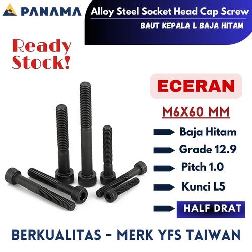 Jual Baut L M6x60 Baut Hitam Baja M6x60 Grade 12.9 Half Drat YFS Taiwan ...