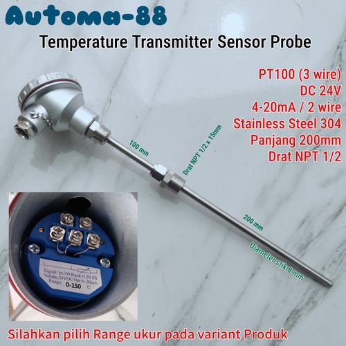 Jual Temperature Sensor Probe 20cm PT100 NPT 1/2 + Transmitter 4-20mA ...