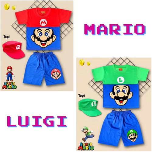 Jual Setelan Baju Anak Karakter Super Mario Bros dan Luigi Ada Topi ...
