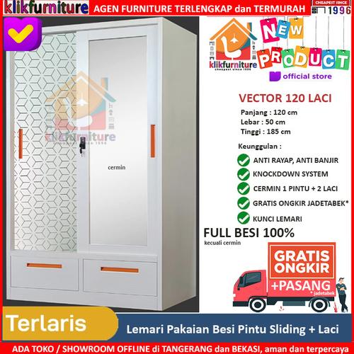 Promo Lemari Pakaian Besi Sliding Cermin + 2 Laci + Brankas VECTOR 120 ...