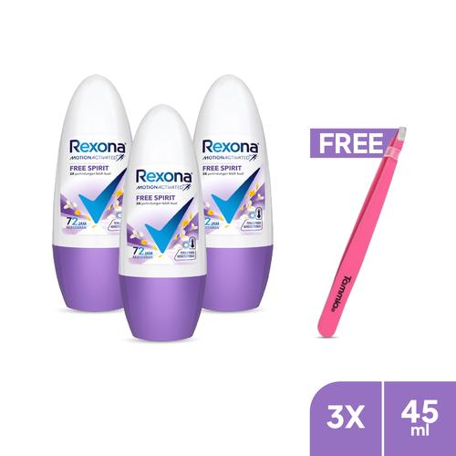 Promo Rexona Women Deodorant Roll On Free Spirit - 45ml Isi 3 + Tweezer ...