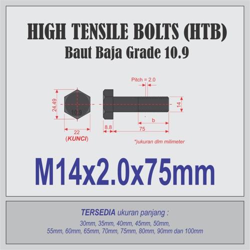 Jual Baut Mur hex Baja 10.9 - M14 x75mm HALF DRAT High Tensile Bolt ...