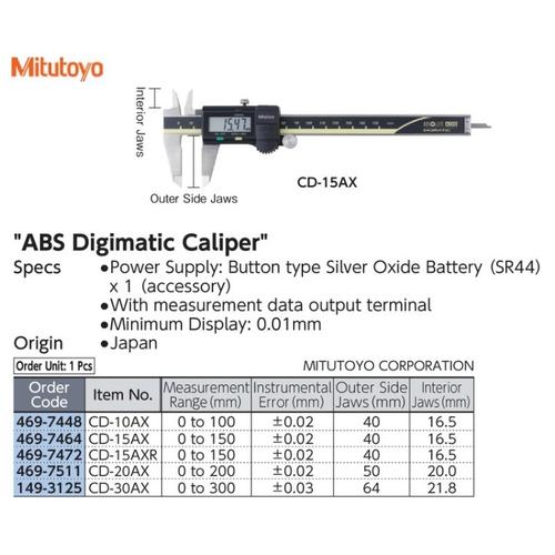 Jual MITUTOYO ABS Digimatic Caliper Normal Type 200mm (500-152-30) CD-20AX - Kab. Bekasi ...