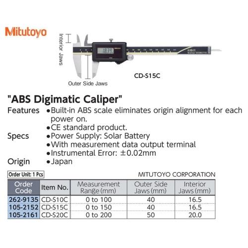 Jual MITUTOYO ABS Digimatic Solar Type Caliper - CD-S10C - Kab. Bekasi ...