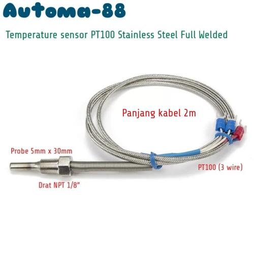 Jual Temperature Sensor PT100 3 wire NPT 1/8" 30mm Stainless Full ...