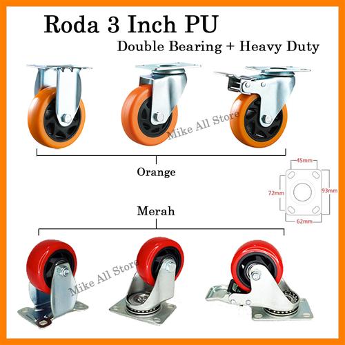 Jual Roda 3 inch PU + Double Bearing Mati/Hidup/Rem/Troli/Caster/pcs ...