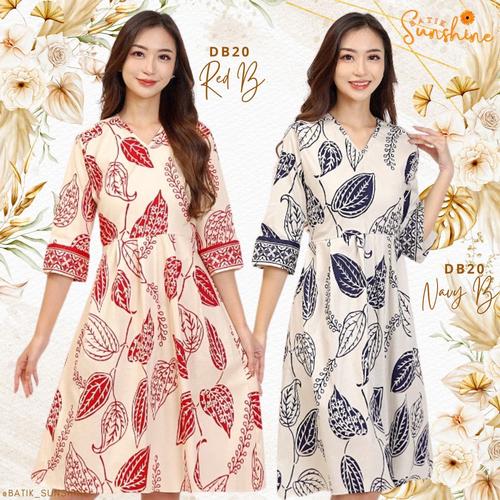 Jual Simple Dress Motif Daun Batik Modern Wanita Terusan DB20 Red Navy ...