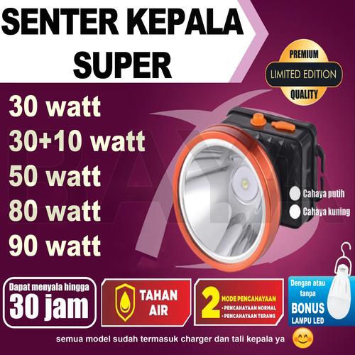Jual Headlamp head lamp lampu senter kepala super sepeda 30w 30+10w 50w 80w - 10w NO baterai ...