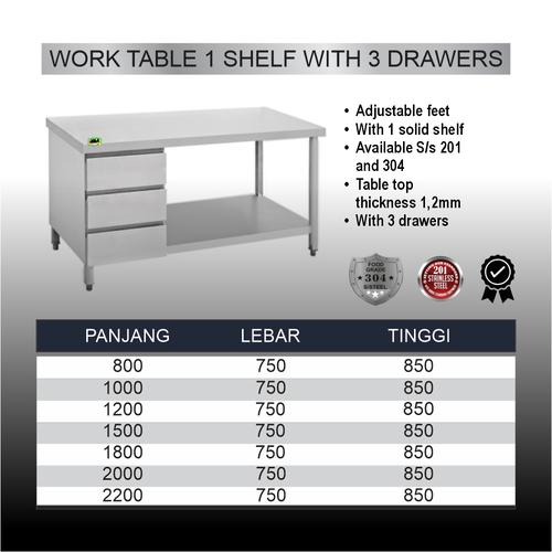 Jual Working Table Meja Kerja Dapur Resto 1 Shelf 3 Drawer - Panjang 80 ...