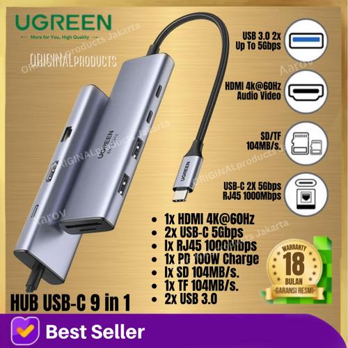 Jual UGREEN USB C HUB 3.0 TO HDMI KE RJ45 LAN 4K 60hz 9in1 ETHERNET 15375 - 8in1 4K premium ...