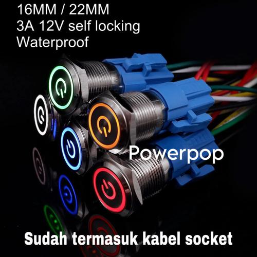 Jual Saklar on off LED stainless push button switch 16MM 22MM 12V 3A ...